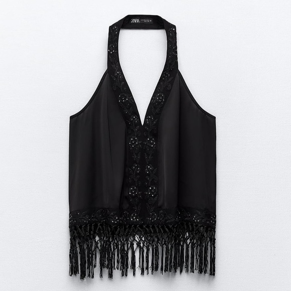 Zara | Tops | Zara Fringed Embroidered Satin Effect Top | Poshmark